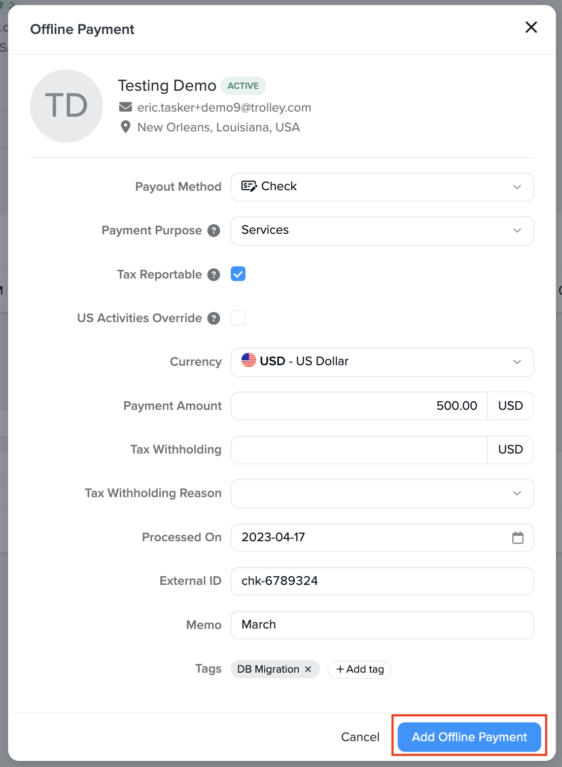 Add and Display Offline Payments