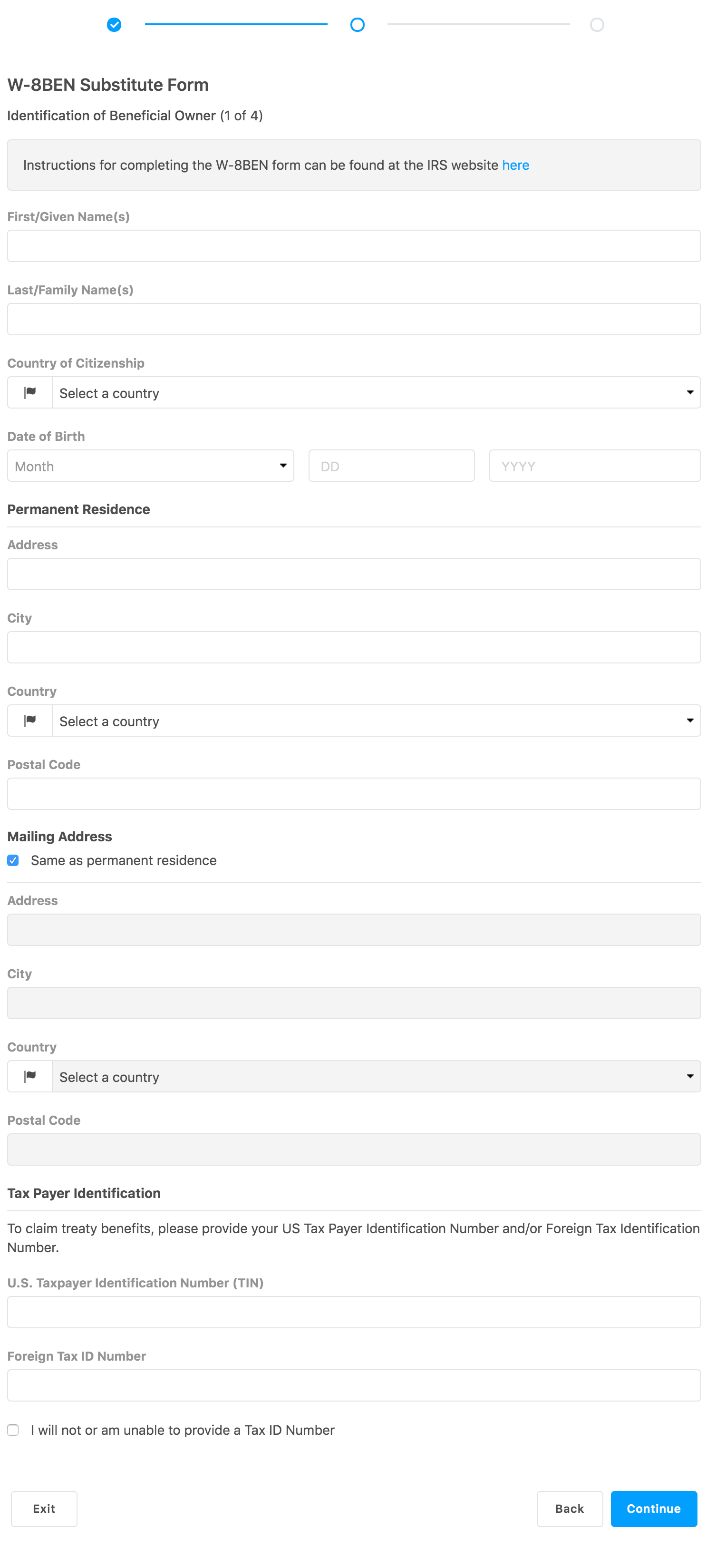 Submitting Tax Form for Non-US Person (Individual)