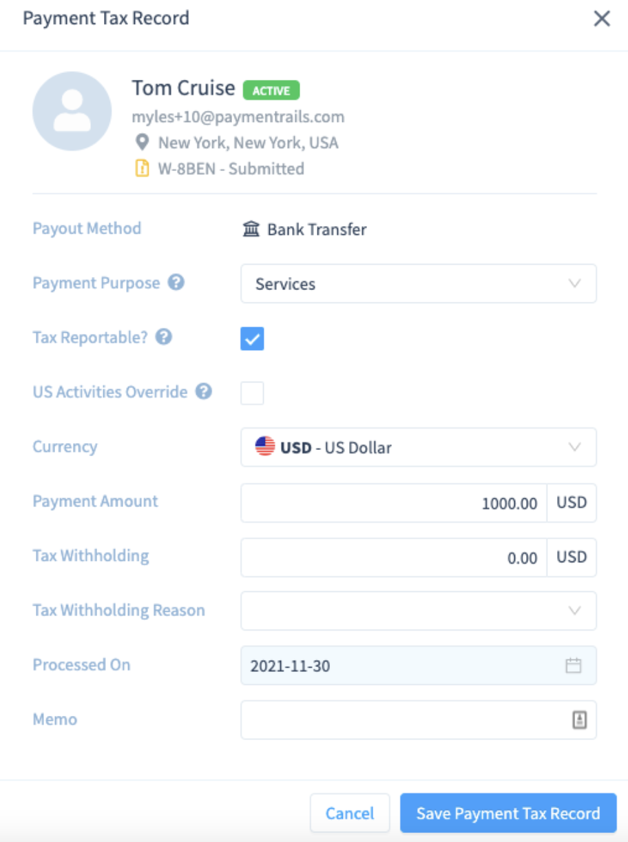 Payment Tax Records